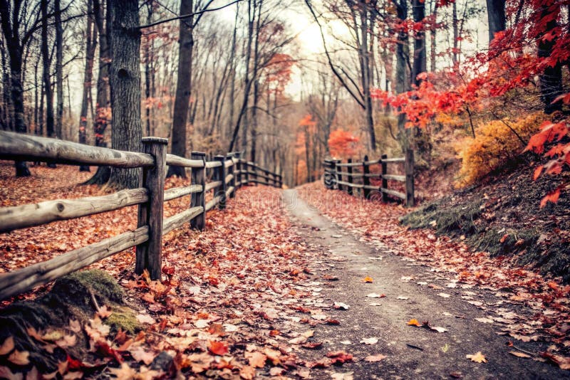 Autumn Path through Woods with Fall Foliage and Wooden Fence Stock ...