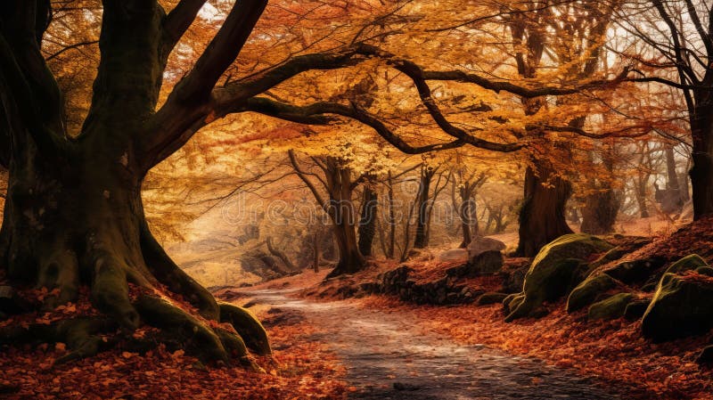 An Autumn Path in the Woods with Trees and Leaves Stock Illustration ...