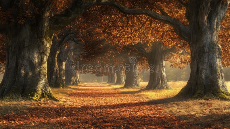 Autumn Pathway through Majestic Ancient Trees Stock Illustration ...