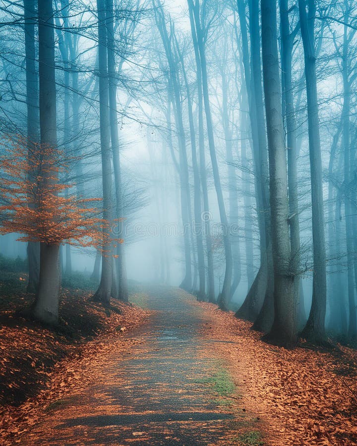 Autumn Pathway through Misty Forest. AI Content Generation. Stock ...