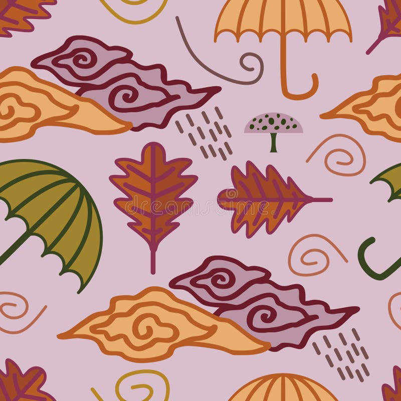 Autumn Drawing Seamless Pattern with Clouds and Umbrella Stock Vector ...