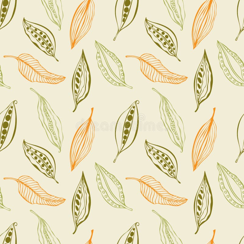 Autumn Pattern Leaf Seeds Pods Doodle Hand Drawn Green and Orange Color ...