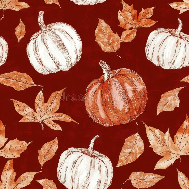 Autumn Pattern with Pumpkins and Leaves on Maroon Background. Stock ...