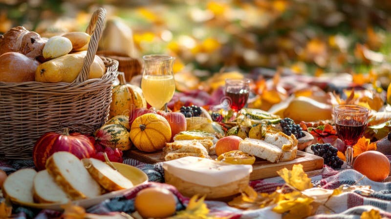 Autumn Picnic with Pumpkins, Bread, Wine, and Fruit Stock Illustration ...