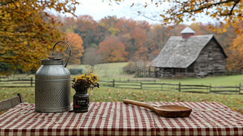 Autumn Picnic Table by Rustic Barn Stock Image - Image of outdoor ...