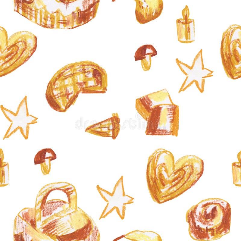 Autumn Picnic Wax Crayons Seamless Pattern on White Isolated Background ...