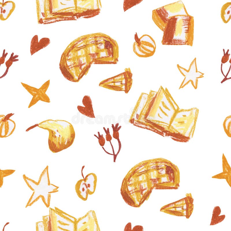 Autumn Picnic Wax Crayons Seamless Pattern on White Isolated Background ...