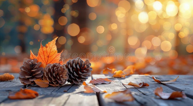 Autumn Pine Cones and Fallen Leaves on a Wooden Table Stock Image ...