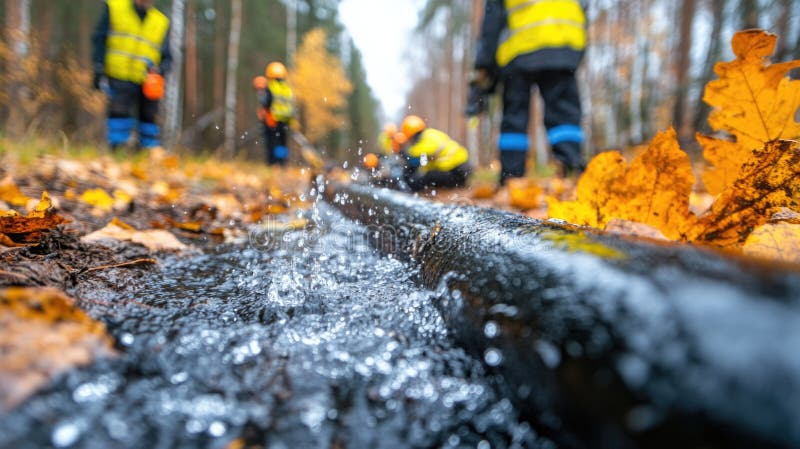 Autumn Pipeline Repair: Workers Fixing Leak in Forest Stock Image ...
