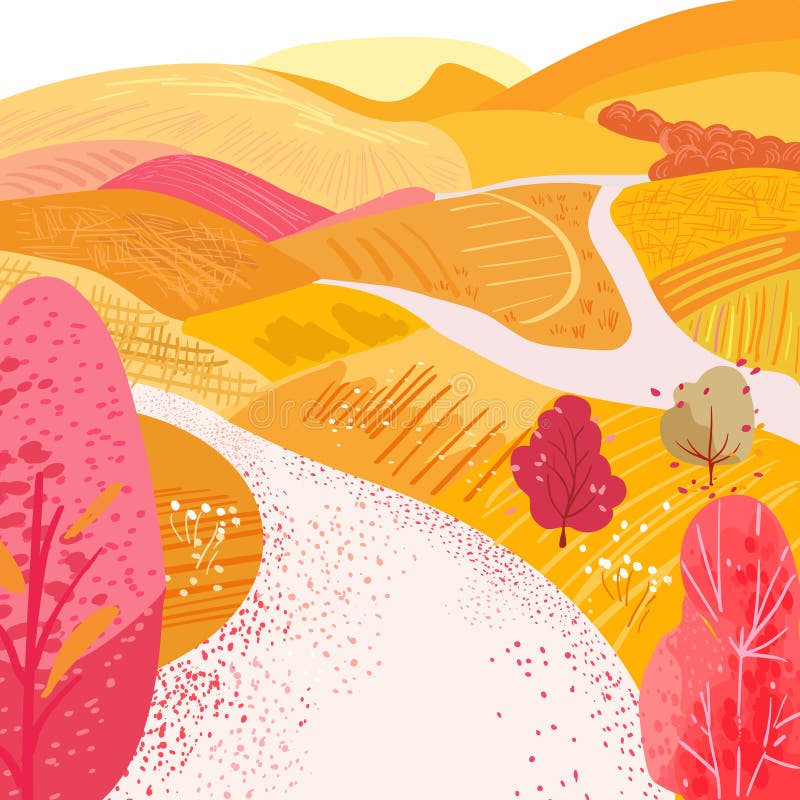 Autumn Poster with Paths and Yellow Fields on a Hill. Hand Drawn Vector ...