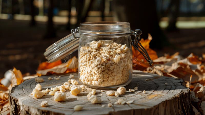 Autumn Preservation Concept with Jar of Granola on Tree Stump in Forest ...