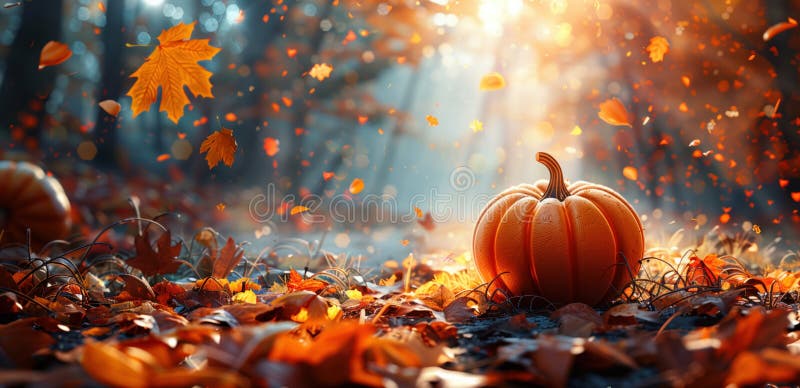 Autumn Pumpkin in Forest with Falling Leaves and Sunlight. Stock Photo ...