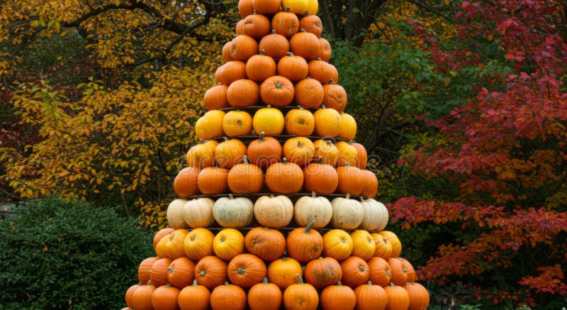 Autumn Pumpkin Pyramid Against Colorful Fall Foliage Stock Illustration ...