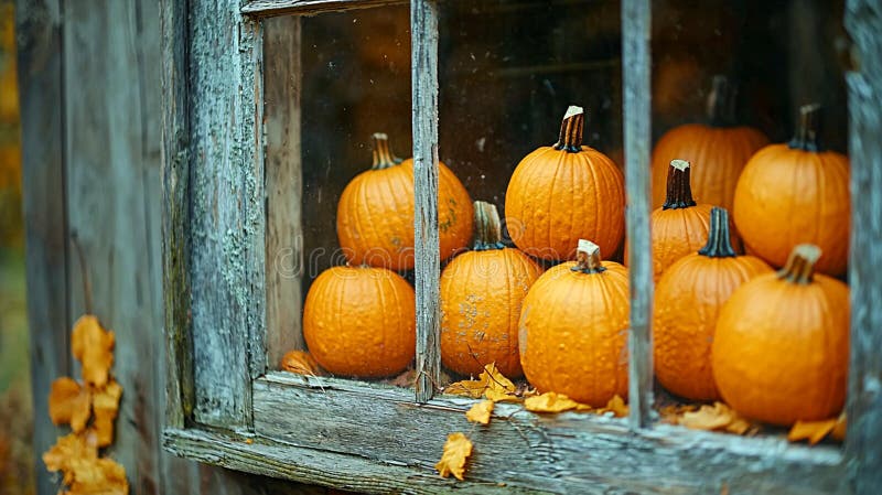 Autumn Pumpkins Displayed in Rustic Window Decoration Isolated on White ...
