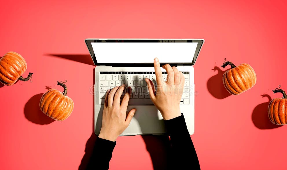 Autumn Pumpkins with Person Using a Laptop Computer Stock Image - Image ...