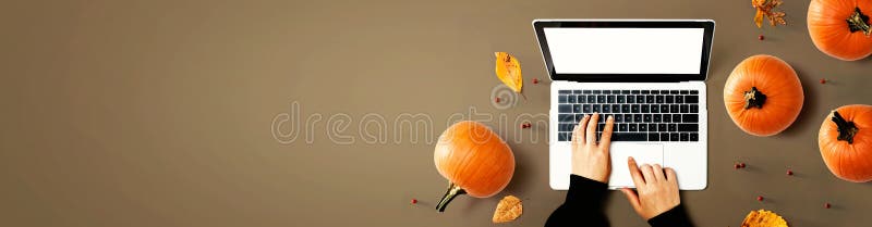 Autumn Pumpkins with Person Using a Laptop Computer Stock Image - Image ...