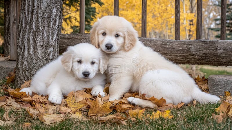 Autumn Puppies Cuddle Fall Leaves Backyard Stock Photo - Image of ...