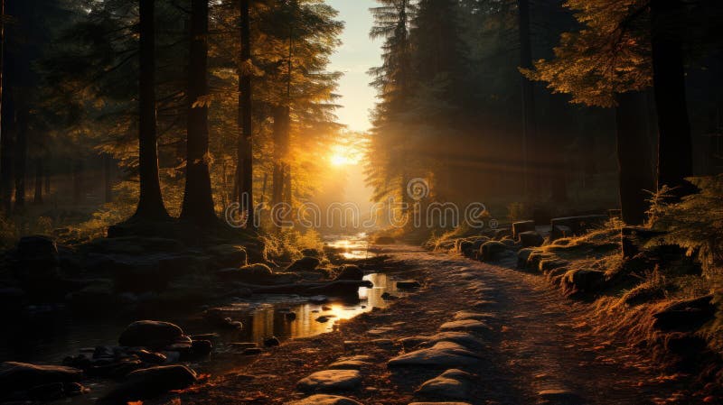 Autumn Radiance Sunlight Peeking through the Forest Stock Illustration ...