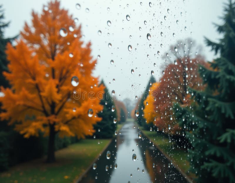 Autumn Rain Ginkgo Tree through Rainy Window Stock Illustration - Illustration of rain, park ...