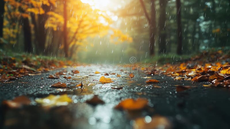 Autumn Rainfall on Leaf Covered Forest Path Stock Photo - Image of ...