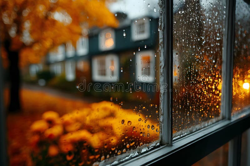 Autumn Rainfall on Window with Cozy Neighborhood Backdrop for Fall ...