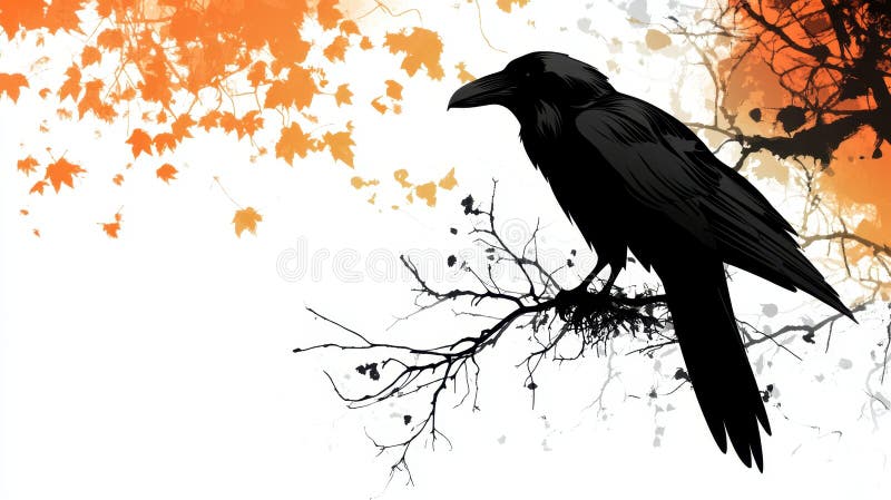 Autumn Raven Perched on Bare Tree Branch with Falling Leaves Stock ...