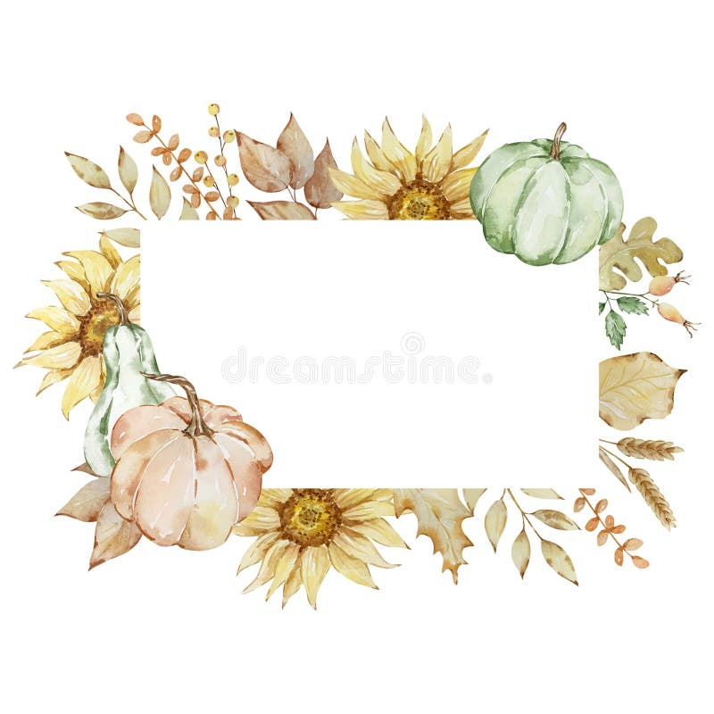 Autumn Rectangular Frame of Watercolor Pumpkins and Sunflowers Stock ...