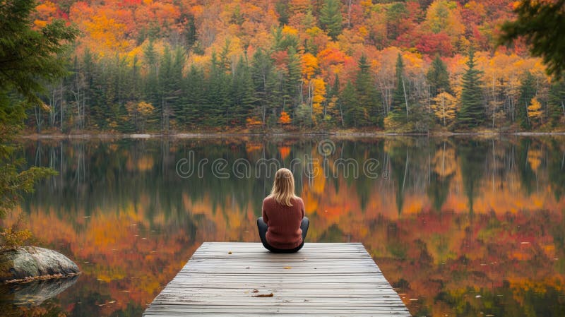 Autumn Reflection on Lake, Woman Sitting on Dock Stock Photo - Image of ...