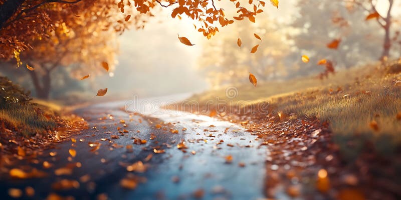 Autumn River Landscape Falling Leaves Golden Light Stock Illustration ...