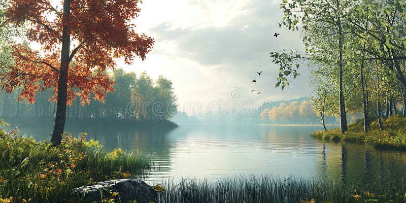 Autumn River Landscape Tranquil Nature Scene Stock Illustration ...