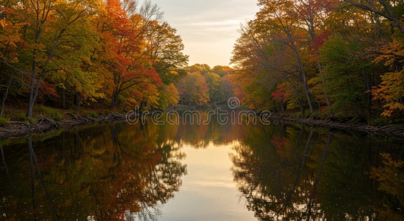 Autumn River Reflection: Colorful Fall Foliage Stock Illustration - Illustration of nature ...