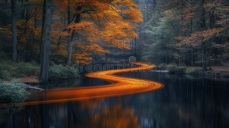 Autumn River Reflection in Dark Forest Stock Illustration - Illustration of nature, colorful ...
