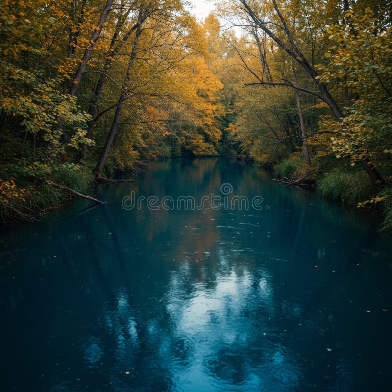 Autumn River Reflection in a Forest Stock Illustration - Illustration ...