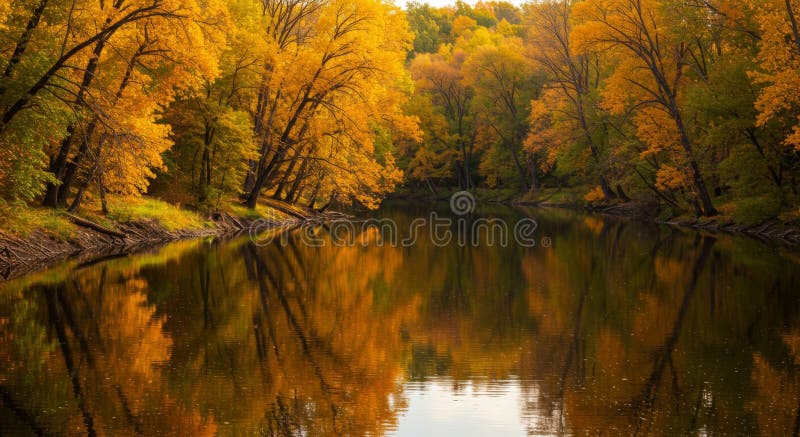 Autumn River Reflection in Golden Forest Stock Illustration ...