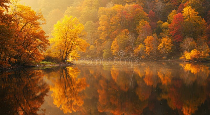 Autumn River Reflection: Golden Trees in Misty Sunrise Stock ...