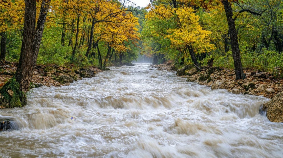 Autumn River Rushing through Forested Valley Stock Photo - Image of ...
