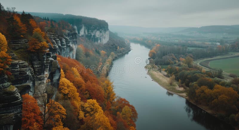 Autumn River View with Mist Over Cliffs and Colorful Trees in the ...