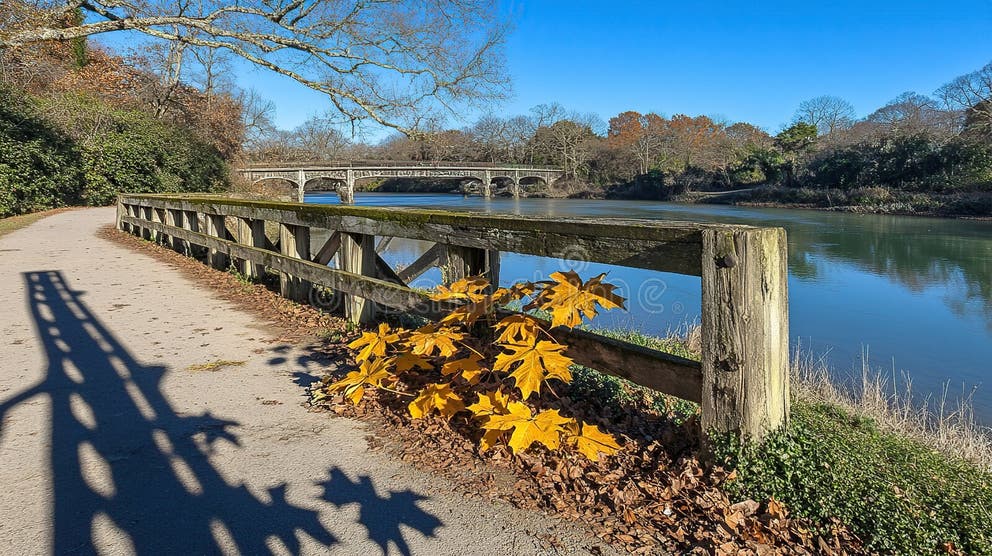 Autumn River Walk Path Bridge Sunlight Stock Image - Image of serenity ...