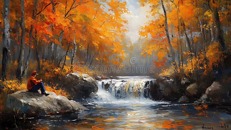 Autumn River Waterfall Solitude Painting Stock Illustration ...