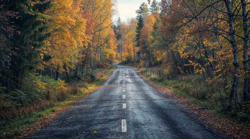 Autumn Road in the Forest. Autumn Landscape with Trees and Road Stock ...