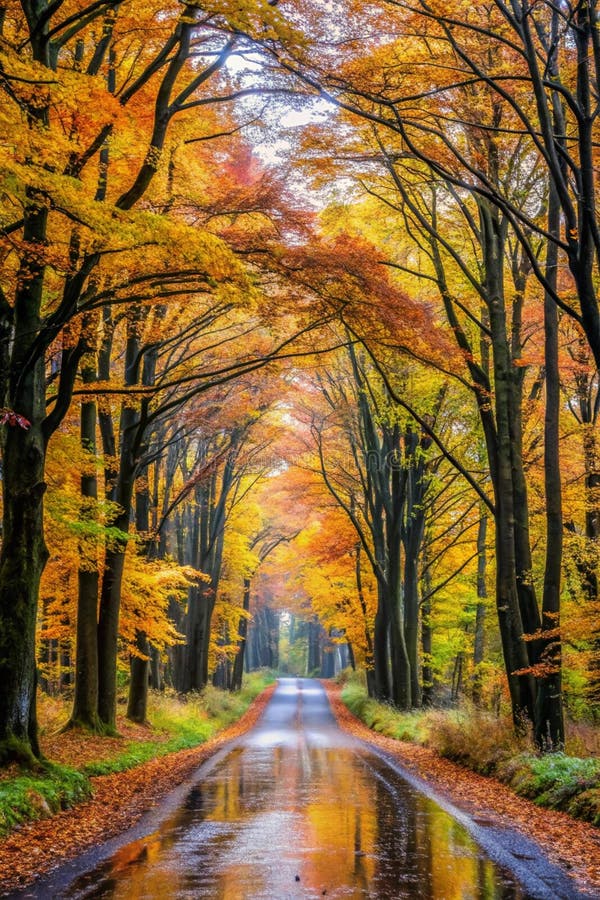 Autumn Road through Forest after Rain with Tree Arch Stock Illustration ...