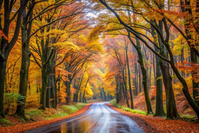 Autumn Road through Forest after Rain with Tree Arch Stock Illustration ...