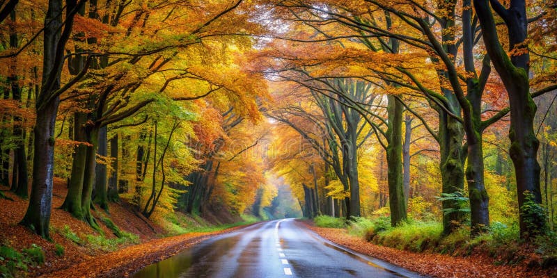 Autumn Road through Forest after Rain with Tree Arch Stock Illustration ...