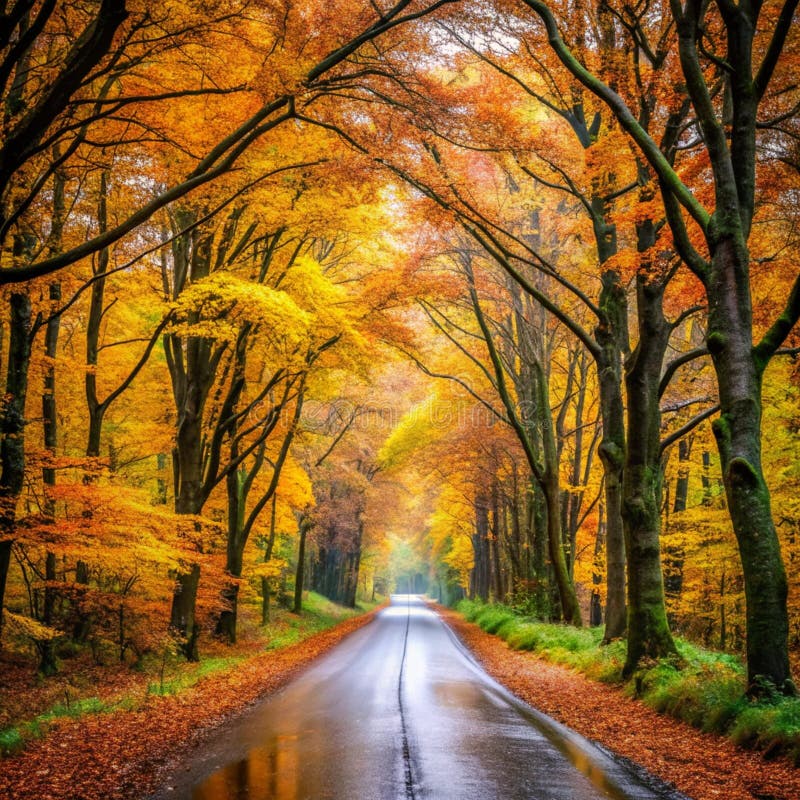 Autumn Road through Forest after Rain with Tree Arch Stock Illustration ...