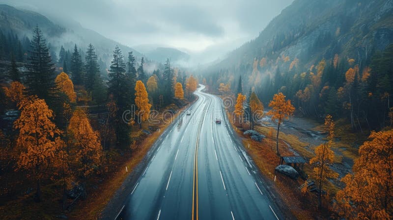 Autumn Road through Misty Mountains - Generative Ai Stock Illustration ...