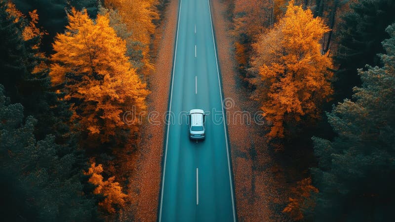 Autumn Road Trip: Silver Car on a Forest Highway during Fall Color, Top ...