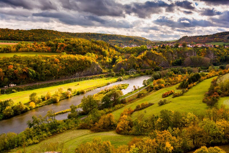 Autumn Rock Scenery and River Stock Photo - Image of golden, sunny ...