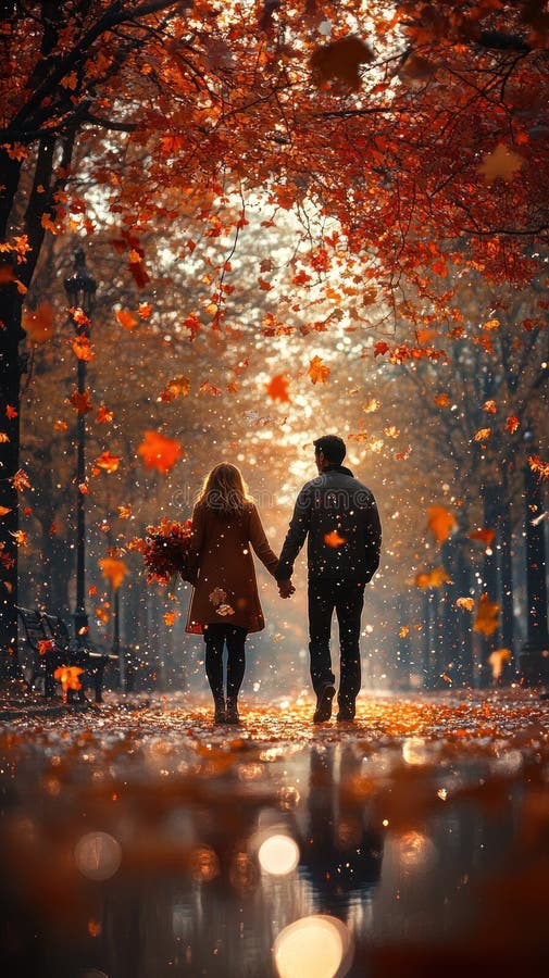 Autumn Romance, Couple Walking through Falling Leaves in a Park Stock ...