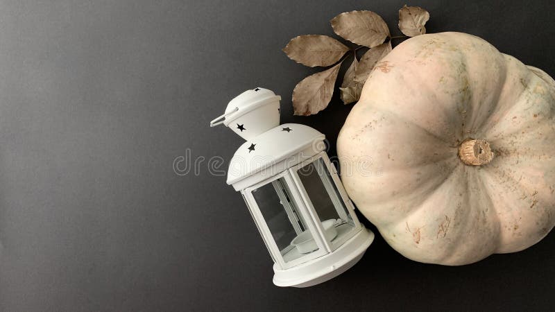 Autumn Rustic Still Life with Pumpkin, Golden Leaf and White Lantern on ...