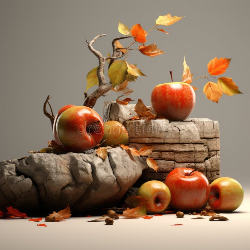 Autumn Scene with Apples Leaves and a Tree Stock Illustration ...